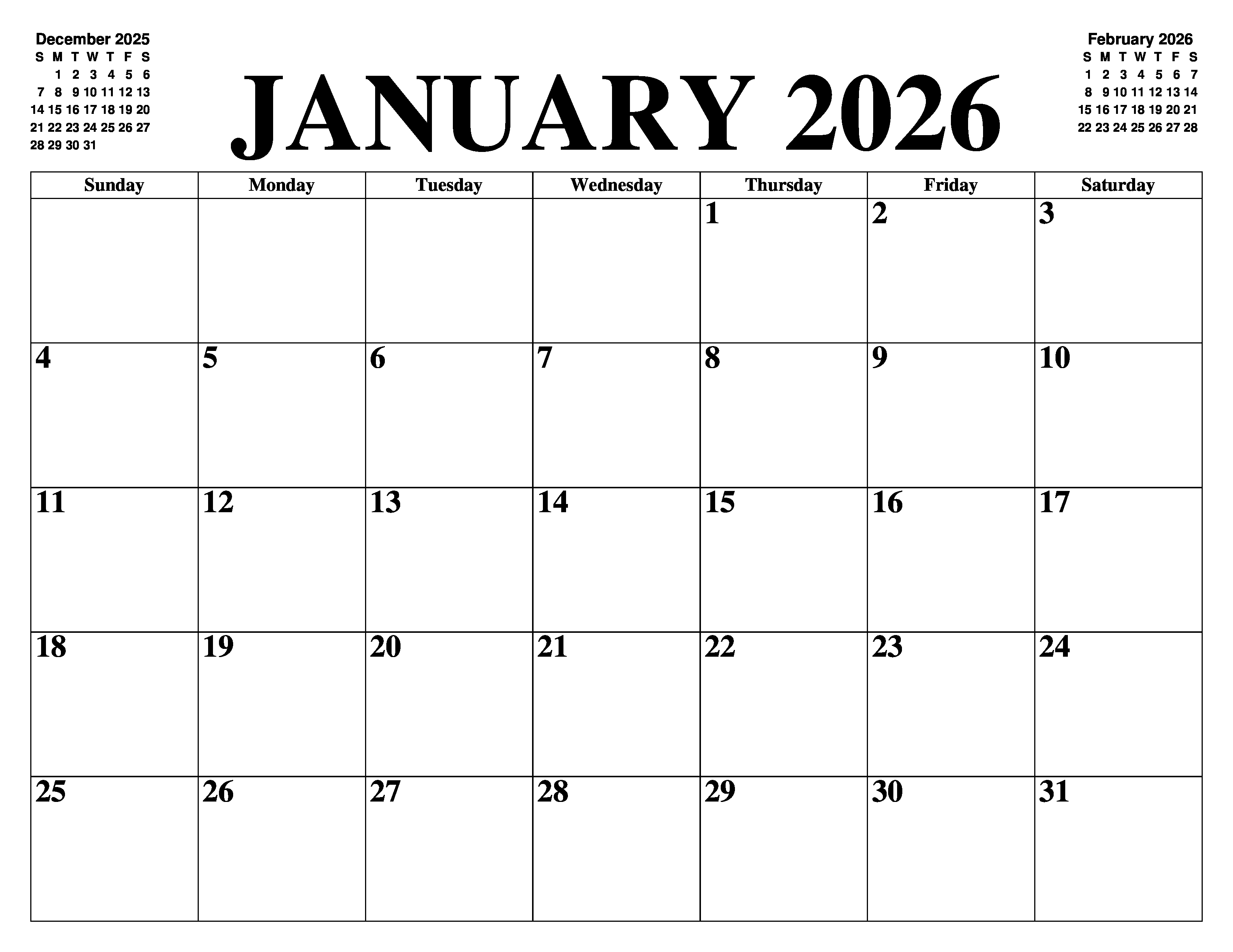 January 2026 Printable Calendar