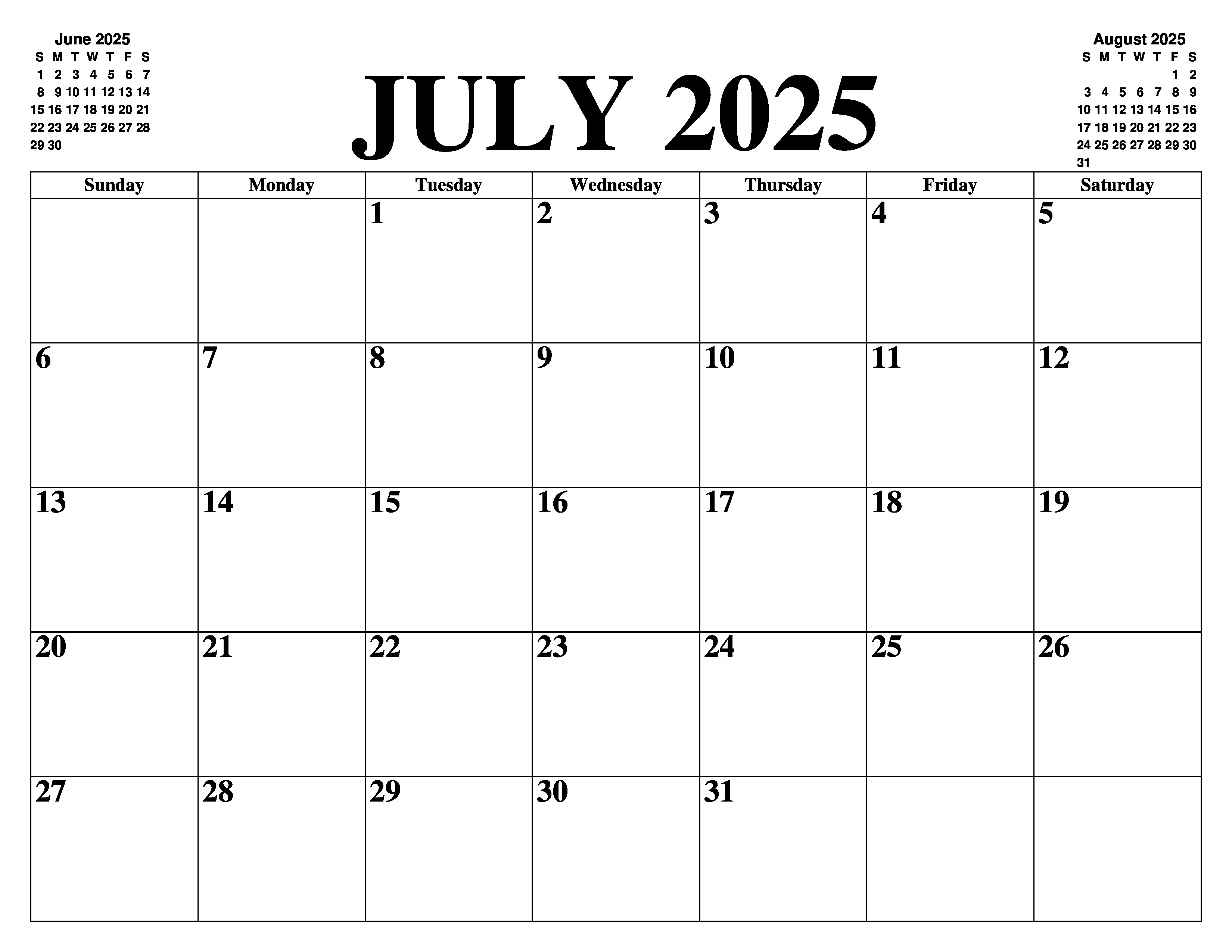 July 2025 Printable Calendar