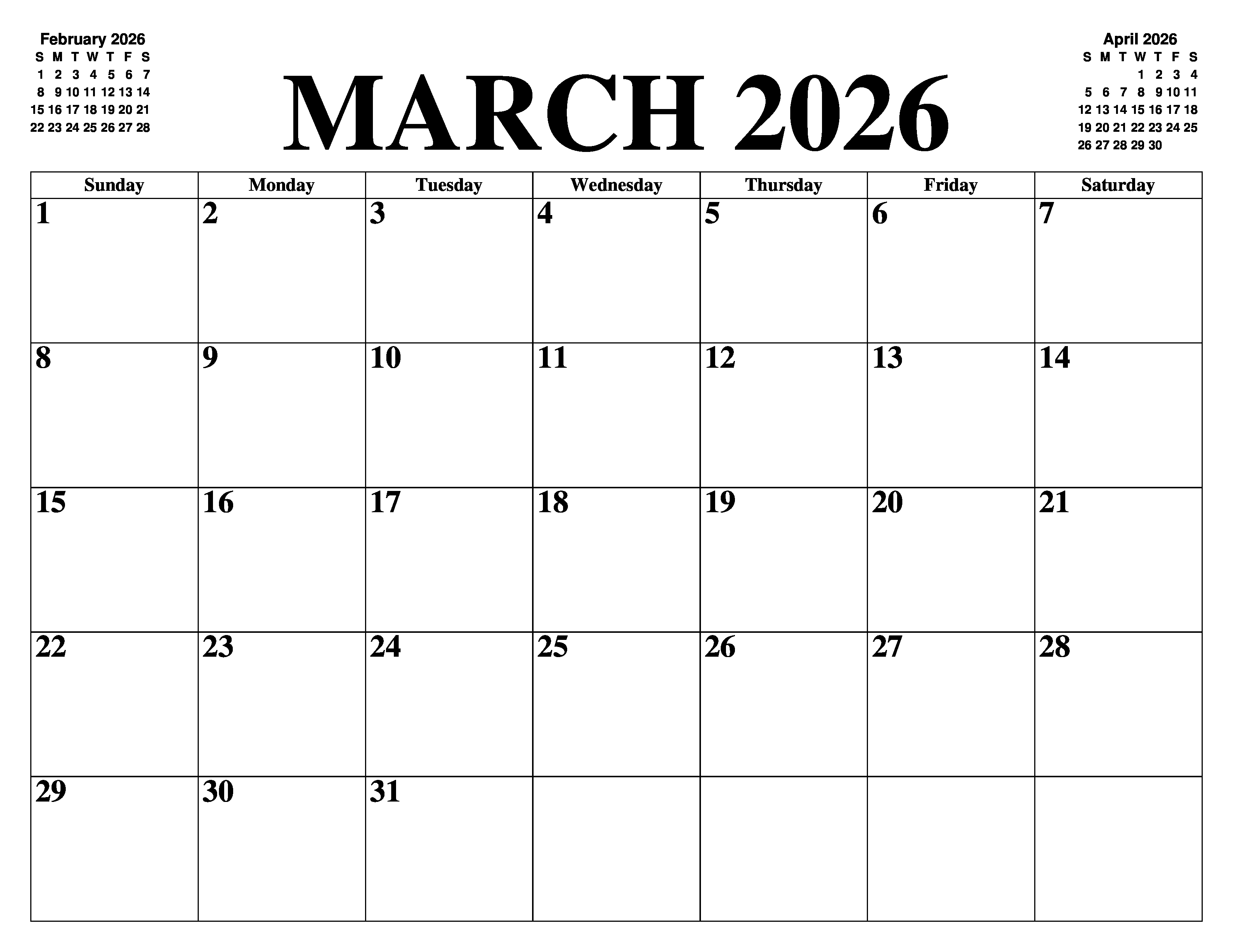 March 2026 Printable Calendar