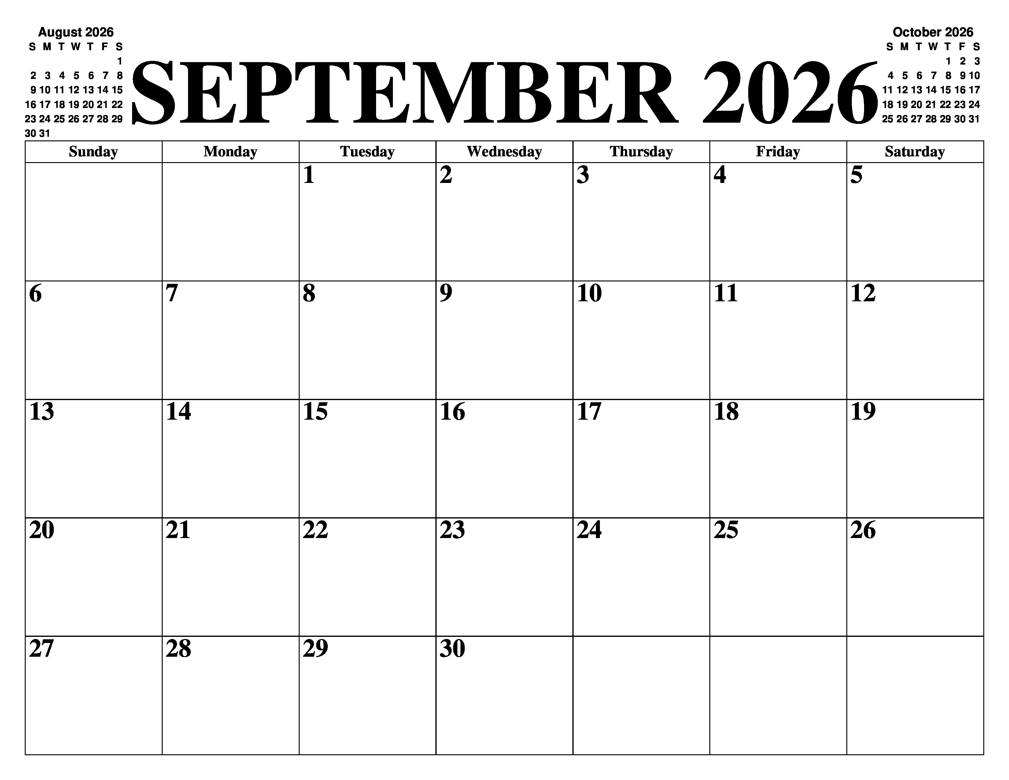 September 2026 Printable Calendar September 2026 Printable Calendar